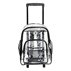 K-Cliffs Rolling Clear Backpack Heavy Duty Bookbag Quality See Through Workbag Travel Daypack Transparent School Book Bags with Wheels Black