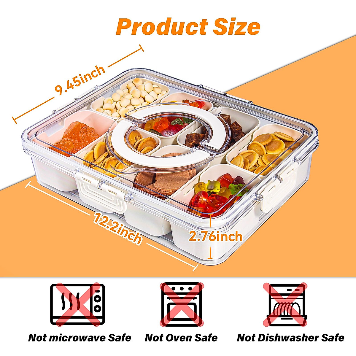 YFUIF Snackle Box Container - 8 Compartments Divided Serving Tray with Lid and Handle, BPA-Free Snack Box Organizer for Fruits, Candy, Snacks (1, White Small 8 Compartments)