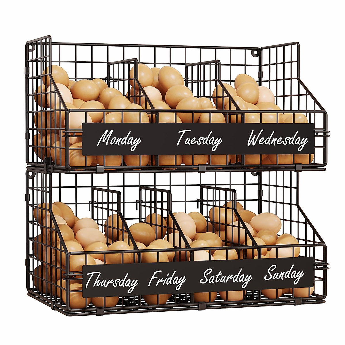 keomaisyto Fresh Egg Holder with 5 Dividers to Separate Eggs for a Week, 2 Tier Stackable Wire Baskets for Gathering Eggs, XXL Egg Rack for Countertop/Wall-Mounted, With DIY Labels (Patent Pending)
