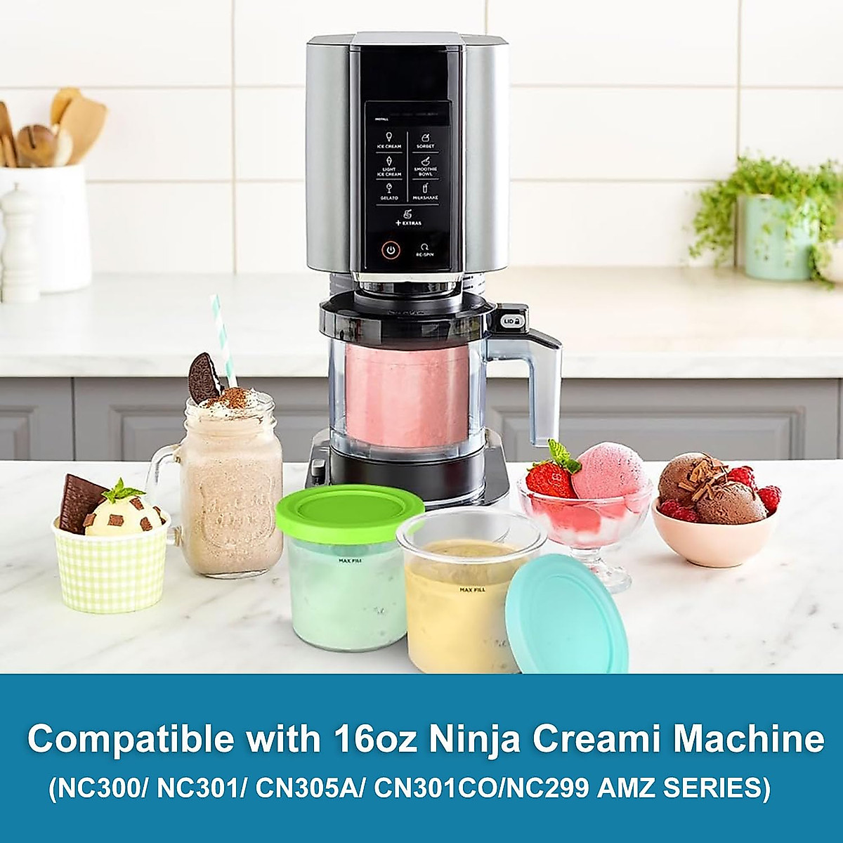 AFINSEA Creami Pints and Lids for Ninja,4 pack Creamy Icecream Containers Cups Jars Tubs Canisters Set,Smoothie Pot Compatible with NC299AMZ & NC300s Series Creamer Ice Cream Maker Machine