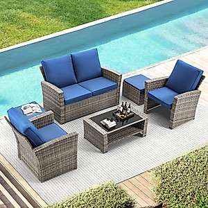 GYUTEI 6 Piece Patio Furniture Set Clearance, Outdoor Sectional Conversation Rattan Sofa Set with Ottoman and Outdoor Storage Table for Garden, Porch, Backyard (Navy Blue)