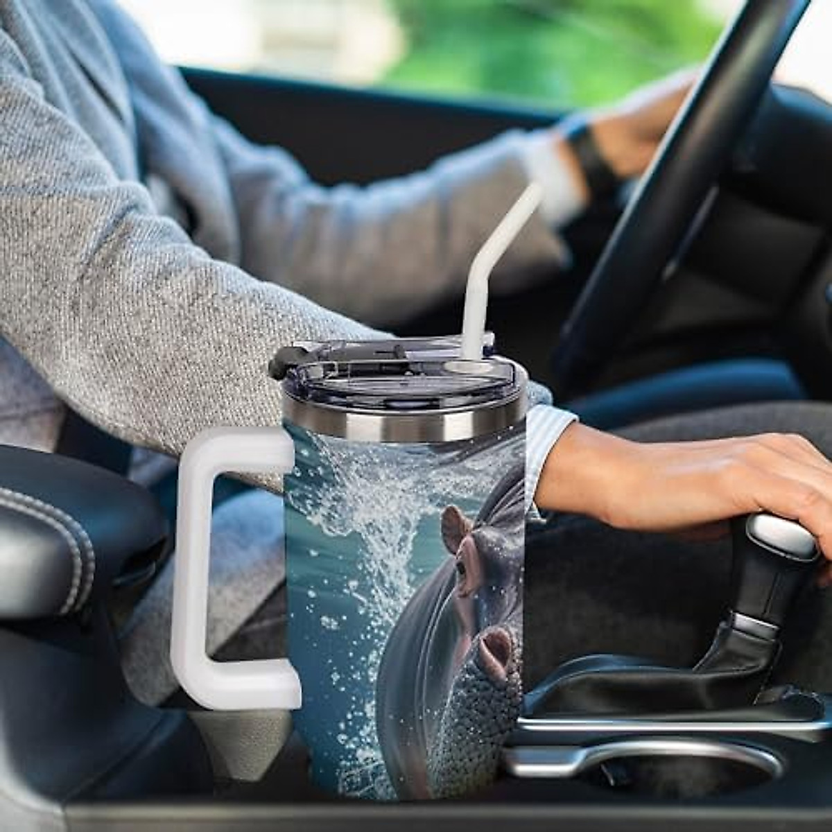 FHECVBN White 40 Oz Insulated Tumbler with Handle Diving Hippo Printed Leakproof Water Bottle Coffee Mug Car Cup for Gym Outdoors Commute Work