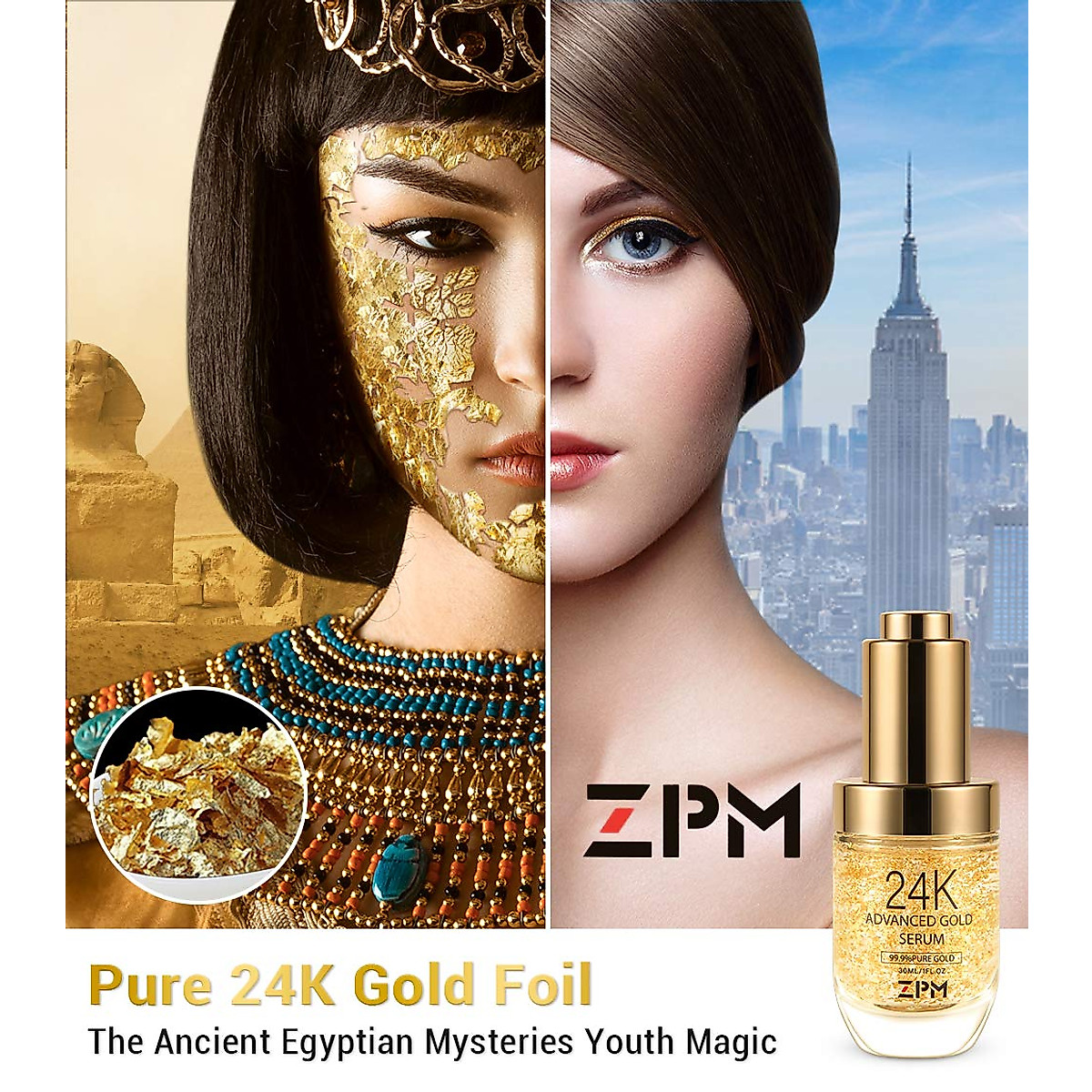 24K Gold Anti Aging Face Serum Moisturizer Enriched with Vitamin C Serum, Hyaluronic Acid, Vitamin E Cream for Day and Night Wrinkle Reduction, Re-Activate Skin Youth (1FL.OZ)