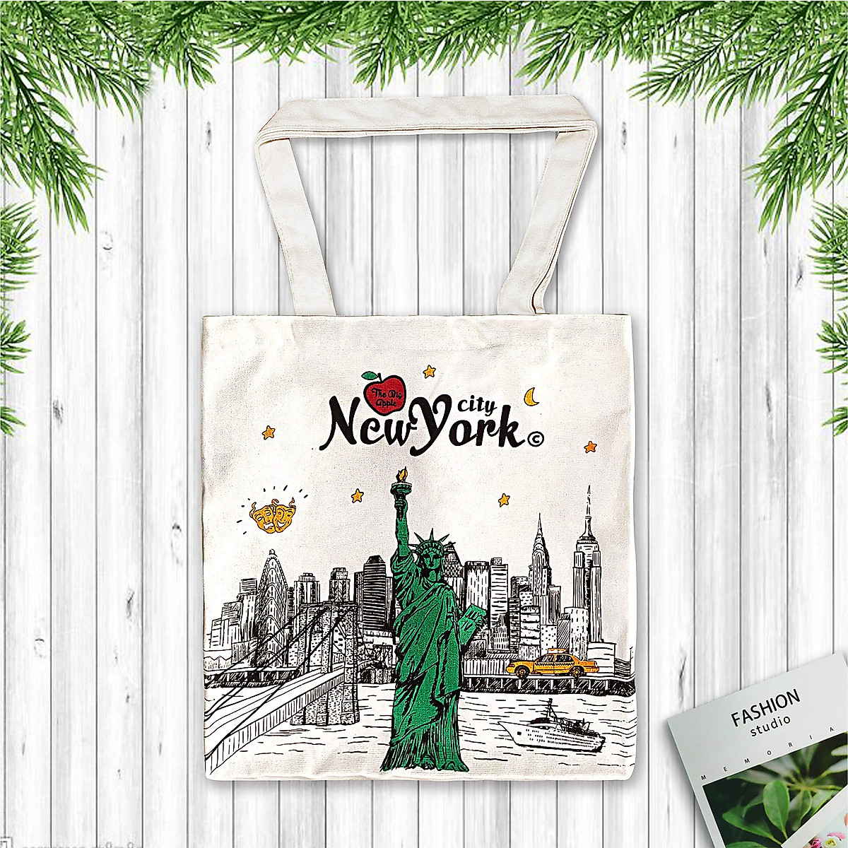 Reusable Large Multipurpose New York Souvenir for Travel Bag, Grocery Tote, Shopping Handbag, Canvas Tote Bag. (JP-330130A) Creamy-white