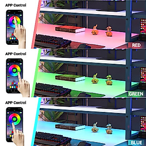 armocity 2024 Upgrade Gaming Desk with LED Lights, Small Computer Desk with Long Monitor Stand, 40'' Reversible Laptop Table with Shelves, Small Desk for Small Spaces, Gaming Room, White and Blue