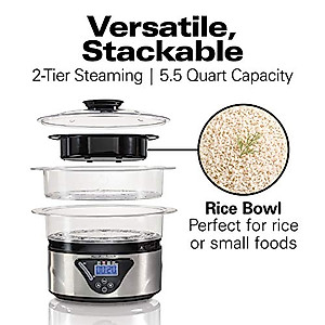 Hamilton Beach Digital Electric Food Steamer & Rice Cooker for Quick, Healthy Cooking for Vegetables and Seafood, Stackable Two-Tier Bowls, 5.5 Quart, Black & Stainless Steel
