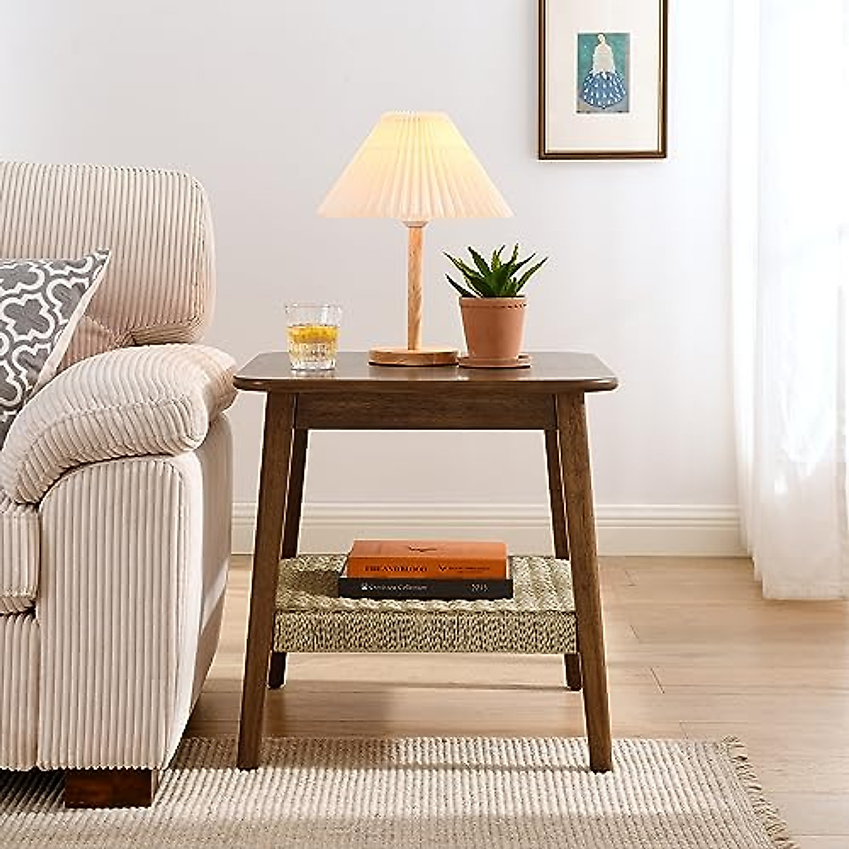 Oriental eLife Mid-Century Side Table with Woven Shelf,Boho End Table with Storage,Small Side Table for Living Room,Couch,Bedroom,Patio,Home Office (23")