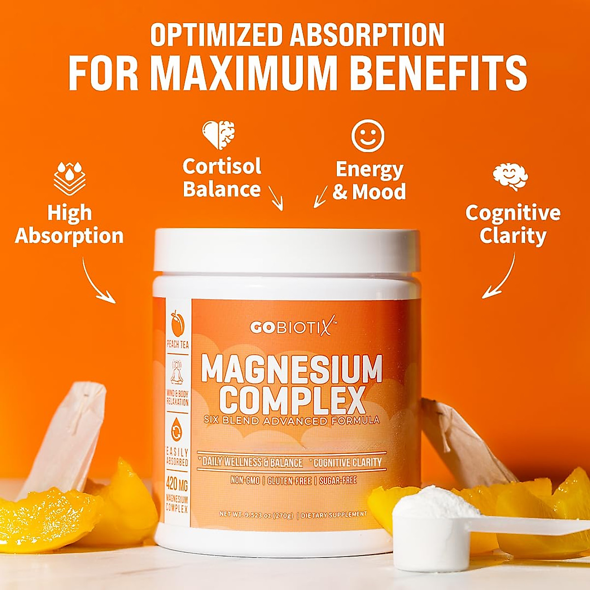 GoBiotix Magnesium Glycinate Powder - Magnesium Complex Supplement with Citrate, Malate, and Glutamine Chelate - Sugar Free, Non GMO - 420 mg per Serving - 60 Servings per Tub - Peach Tea