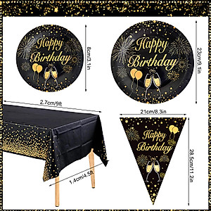 Black and Gold Happy Birthday Party Supplies Tableware Set-Dinner Dessert Cake Plates, Napkins, Cups, Tablecloth, Banner for Wedding Retire Party Decoration for 30th 40th 50th 60th Anniversary