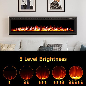 AMERLIFE 60" Electric Fireplace Inserts Recessed and Wall Mounted with Remote Control, Fireplace Heaters for Indoor Use with Timer, 12 Adjustable Flame Colors and Brightness, Log & Crystal, Black