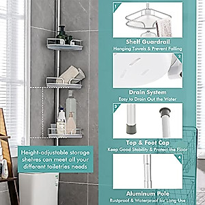 Tangkula 60"-108" Adjustable Shower Caddy Tension Pole, 4 Tier Drill Free Organizer w/3 Removable Baskets & 1 Soak Tray, Rustproof Aluminum Corner Shower Storage Rack (Silver)