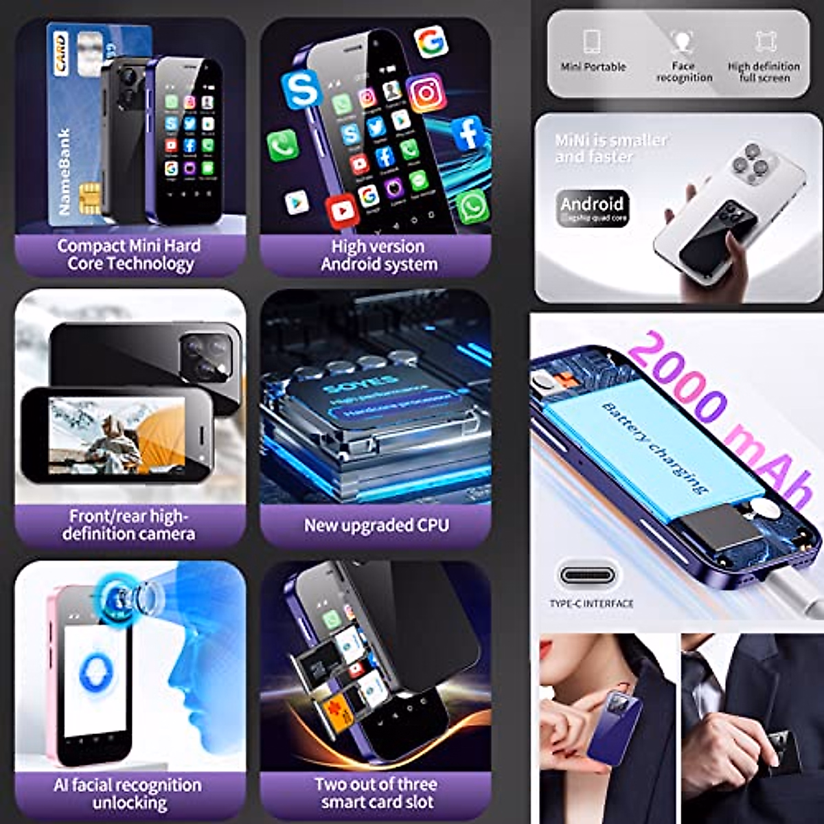 Soyes XS14Pro Mini 4G Smartphone 3.0 Inch Quad Core Dual Sim Ultra Thin Unlocked Card Mobile Phone WiFi Bluetooth Hotspot Student Pocket Cellphone (Black 2GB RAM 16GB ROM)