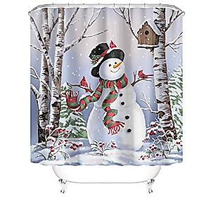 MrLYouth Christmas Bathroom Sets Snowman Shower Curtain with Contour Mat,Toilet Lid Cover,Accessories with 12 Plastic Hooks 4 Pieces Waterproof Fabric Bath Sets