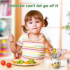 SXunacou Fruit Fork, Fun Cute Cartoon with Ceramic Storage Box Holder Stainless Steel Food Pick Forks for Home Household (A)