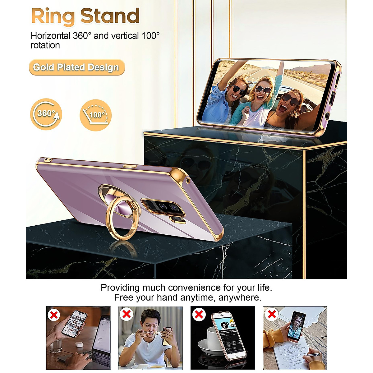 LeYi for Galaxy S9 Plus Phone Case: 360° Rotatable Ring Holder Magnetic Kickstand [ Not Applicable Samsung S9 ], Plating Rose Gold Edge Protective Case, Purple