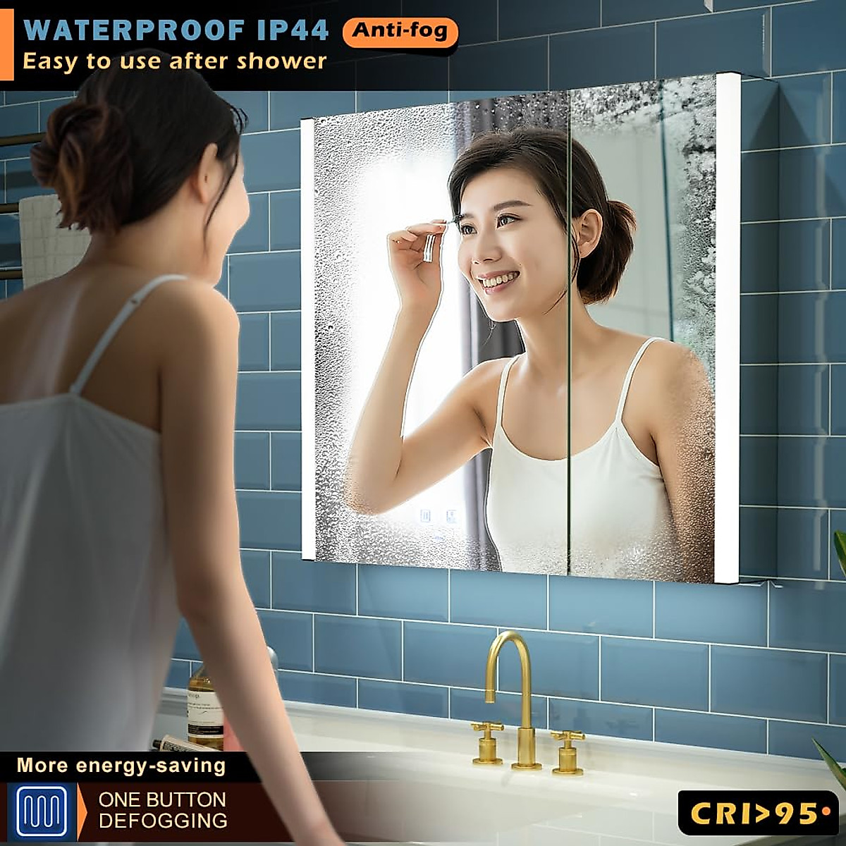 KWW LED Bathroom Mirror Cabinet with Socket & USBs, Defogger, Dimmable, 3 Color Light Makeup Mirror, Easy to Install, Wall Mounted Medicine Cabinet (32 x 28 Inch)