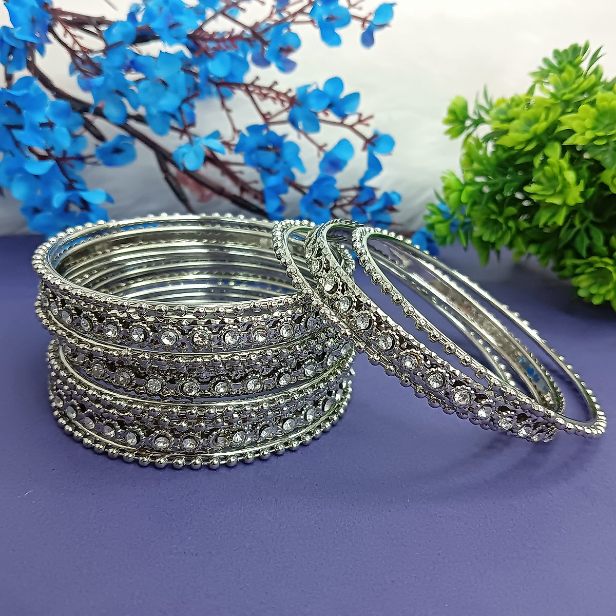 Efulgenz Oxidized Silver Bangles for Women Indian Boho Oxidized Bangles CZ Crystal Metal Indian Bracelet Bangle Set Jewellery for Women