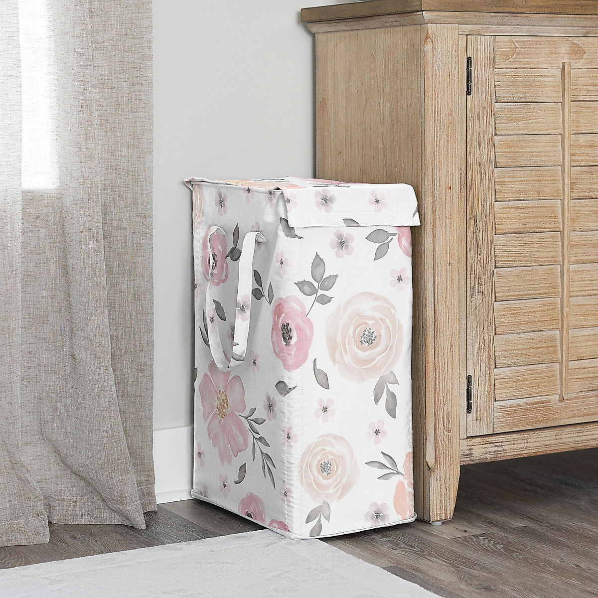 Sweet Jojo Designs Blush Pink Grey Boho Floral Girl Laundry Hamper Foldable Dirty Clothes Basket with Handles Baby Nursery Kids Bedroom Teen Bathroom Bohemian Farmhouse Shabby Chic Watercolor White