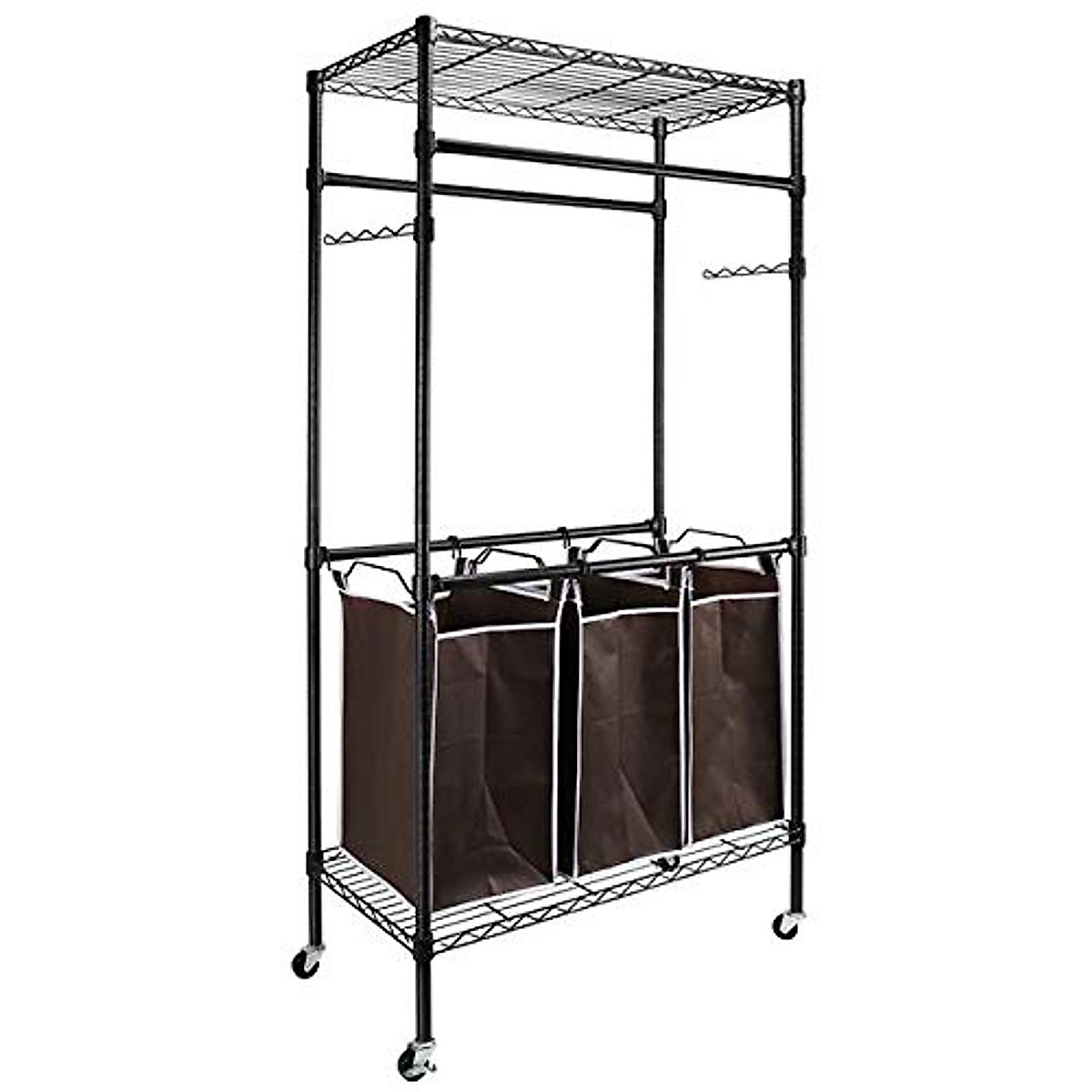 HopeHope Garment Rack for Hanging Clothes, Folding Garment Rack with Wheels, Adjustable Height. 3-Bag Laundry Sorter