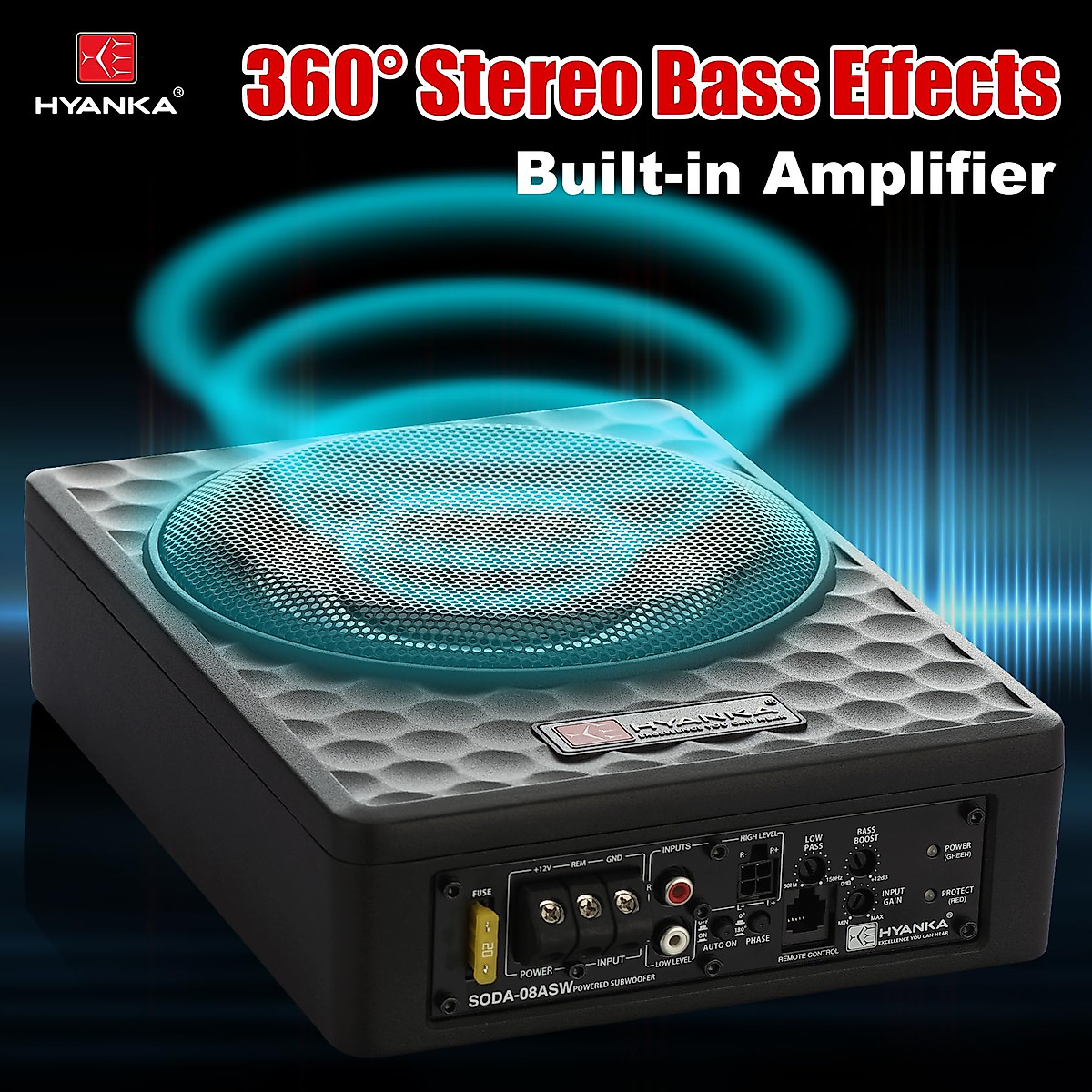 H YANKA SODA-08ASW 400W 8 Inch Compact Underseat Car Subwoofer with Built-in Amp, Slim Powered Subwoofer for Car/Truck/Jeep Audio