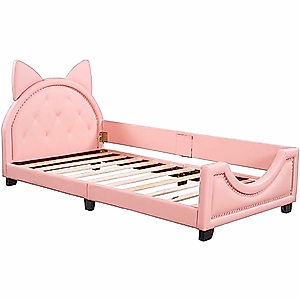 Twin Size Cute Upholstered Daybed PU Leather Sofa Bed with Carton Ears Shaped Headboard & Wooden Platform Bed Frame - with Low Profile Single Design - No Box Spring Needed (Color : Pink-a)