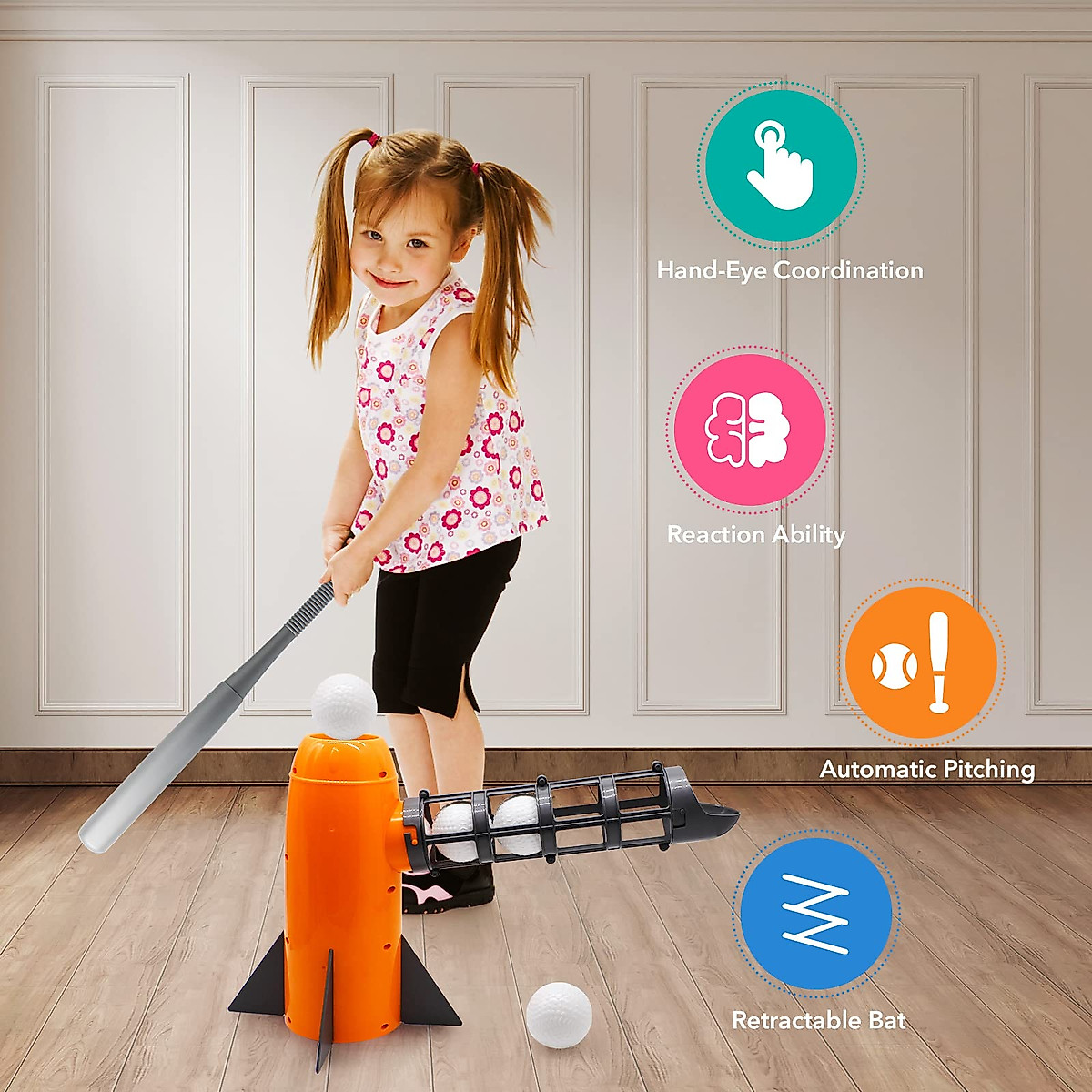 KUSARKO Kids Baseball Automatic Pitching Machine Toy Set with 5 Softball and Bat for Boys Girls Outdoor Sports, Birthday Gifts for Children Age 6 + Years Old