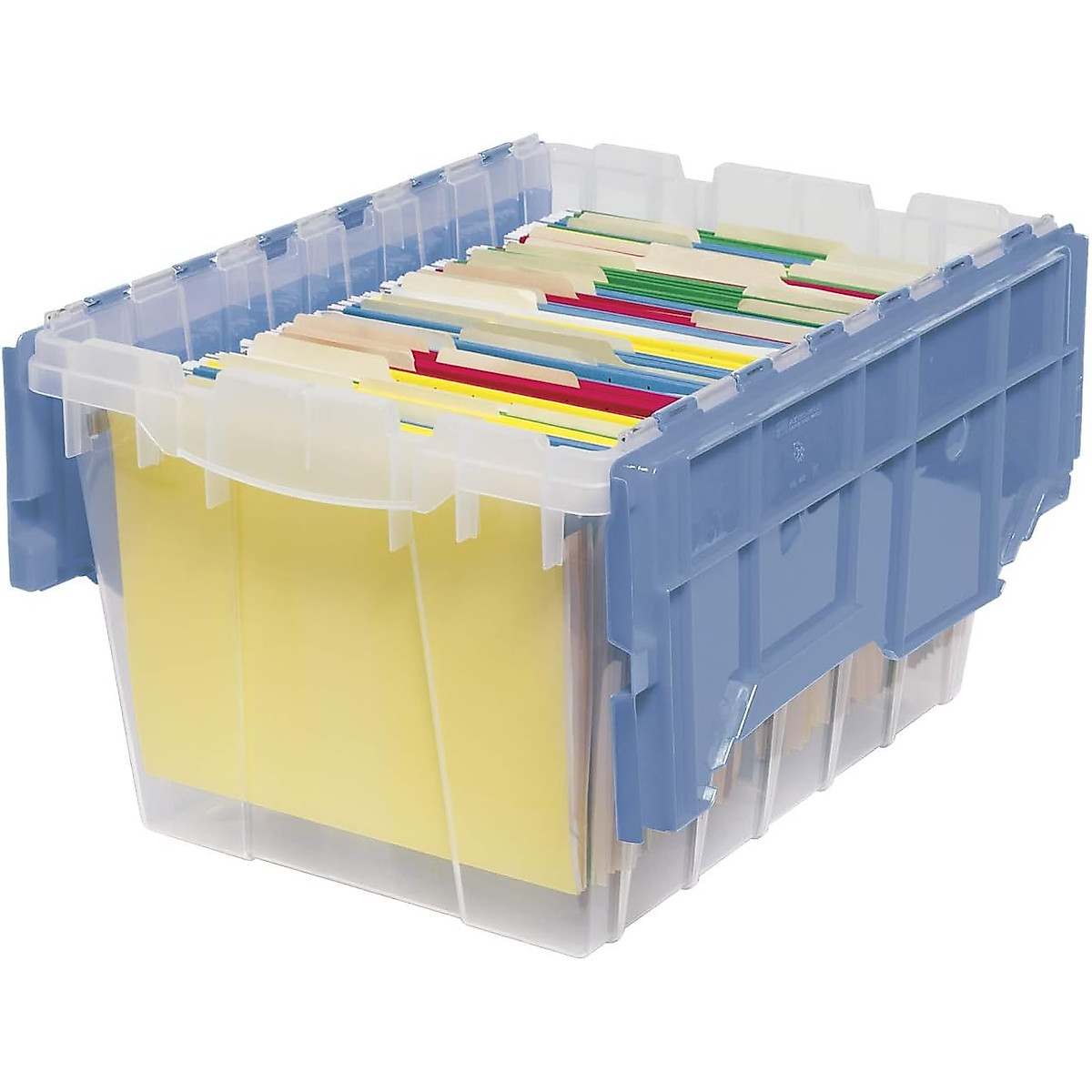 Akro-Mils 12 Gallon KeepBox File Box Plastic Stackable Storage Container with Hinged Attached Lid and Rails for Hanging File Folders, 21-Inch L x 15-Inch W x 12-Inch H, Clear/Blue
