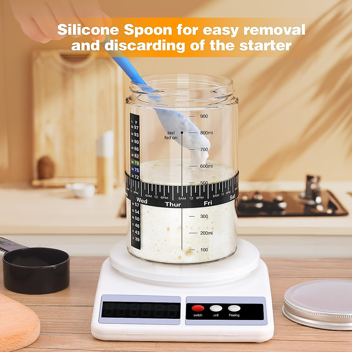 Aofmee Sourdough Starter Jar, 36oz Large Capacity Sourdough Jar Wide Mouth -Gift Ideal for Beginner Sourdough Bakers, Reusable Sourdough Starter Kit - Easy to Use & Clean (Blue)