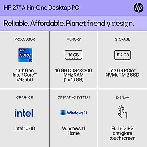 HP 27 inch All-in-One Desktop PC, FHD Display, 13th Gen Intel Core i7-1355U, 16 GB RAM, 512 GB SSD, Intel UHD Graphics, Windows 11 Home, 27-cr0080 (2023)