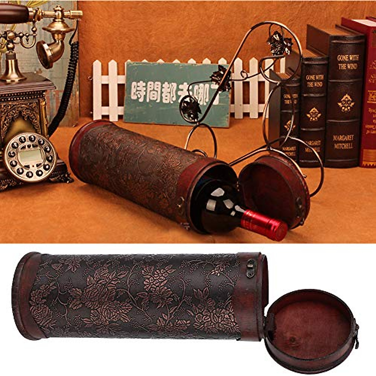 Red Wine Gift Storage Box 34cm Single Bottles Wooden Retro Decorative Carrying Case Round Barrel With Handle for Birthday Party Wedding Anniversary Celebrations