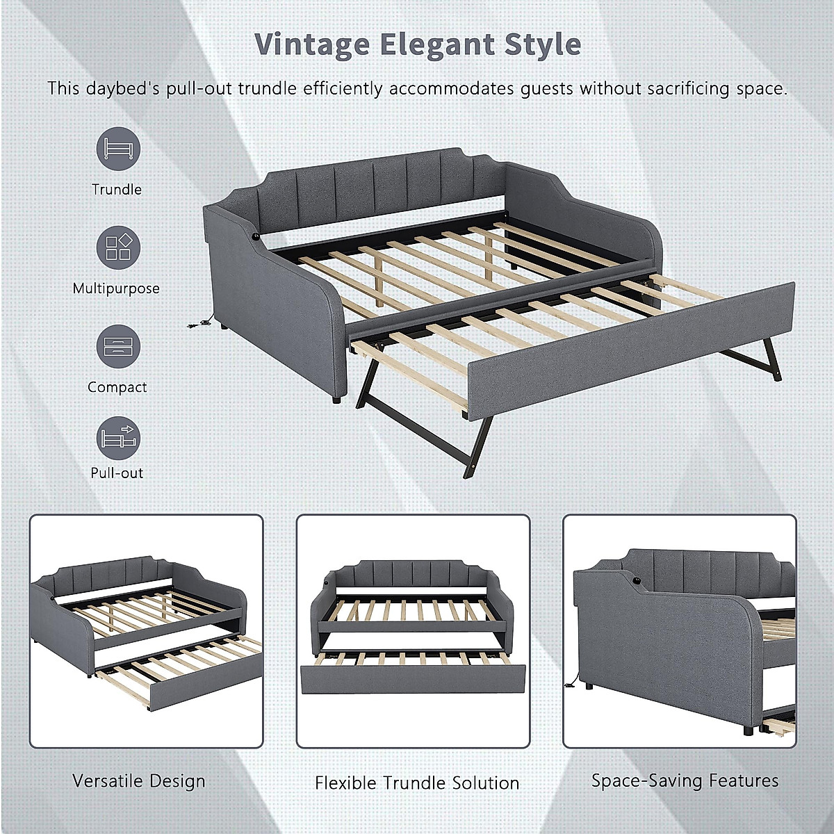 LUSPAZ Upholstered Elegant Daybed with Adjustable Pop Up Trundle and USB Charging Design, Full Size Sofa Bed with Button Design, Wood Slat Support Daybed for Family, Teens, (Gray + Pine)