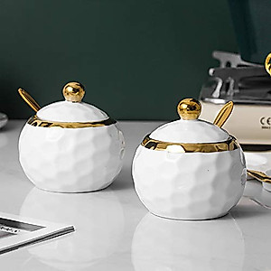 BIHOIB Golf Porcelain Sugar Bowl Condiment Pot Salt Container with Lid, Spoon and Tray, Set of 3, Modern Spice Box Seasoning Jar, White and Gold