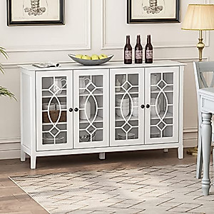 AGOTENI Buffet Cabinet with Glass Door, 53.9 Inch Credenza Sideboard Buffet for Living Room, Coffee Bar Cabinet with Adjustable Shelves for Living Room, Dining Room, Home Furniture (White