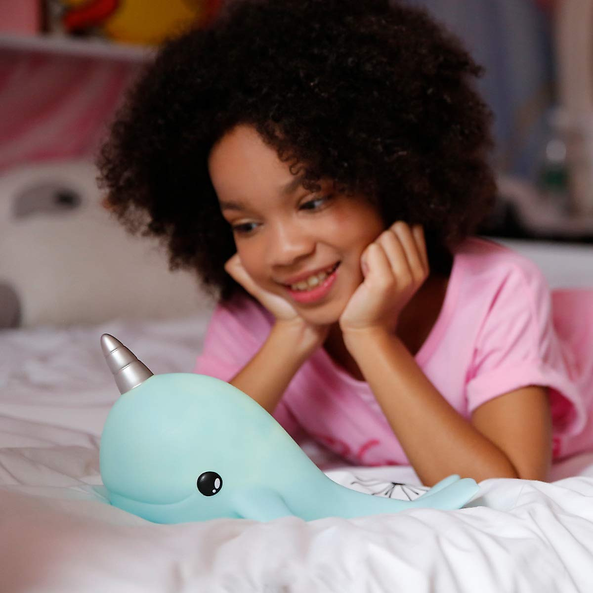Navaris Narwhal Night Light - Battery Powered Color Changing LED Lamp for Kids, Baby Nursery, Boys, Girls - BPA-Free and Phthalate-Free - Light Blue