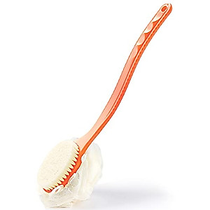 Shower Body Brush with Bristles and Loofah,Back Scrubber Bath Mesh Sponge with Curved Long Handle for Skin Exfoliating Bath, Massage Bristles Suitable for Wet or Dry, Men and Women(Orange)