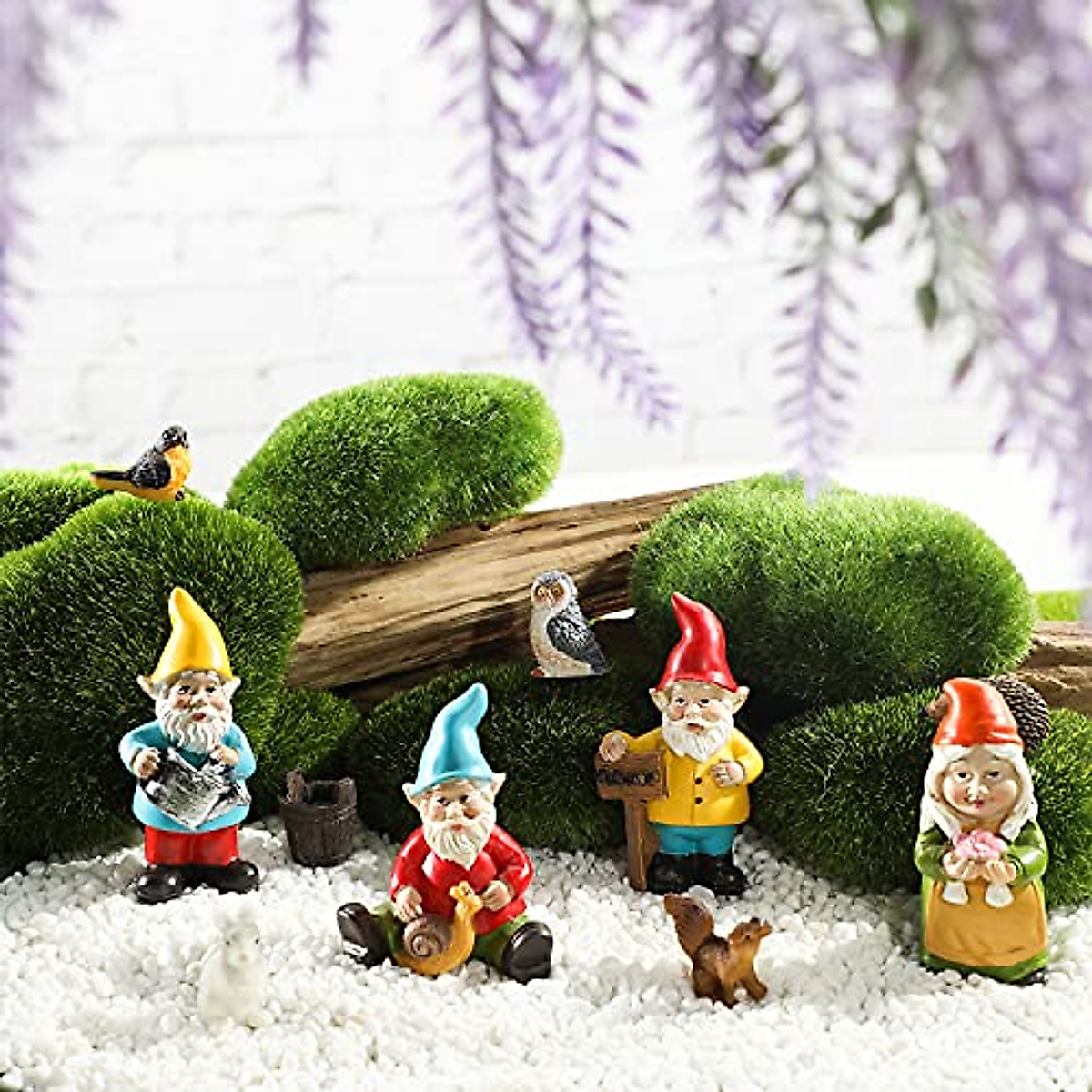 10 Pieces Mini Fairy Gnomes Statue Garden Accessories Kit Miniature Garden Resin Gnomes Hand Painted Squirrel Hedgehog Owl Bird and Bucket Ornament for Plant Pots Yard Lawn Home Outdoor Decorations