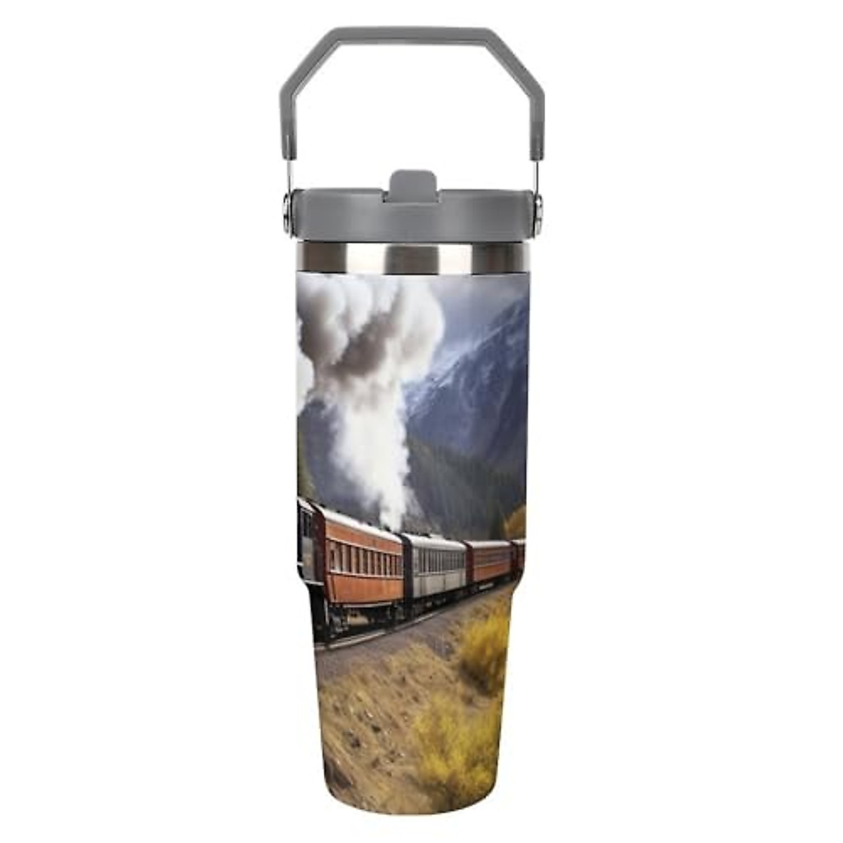 RTFGHJS Steam Locomotive Train 30 Oz Tumbler with Handle And Flip Straw, Stainless Steel Vacuum Insulated Travel Mug, Thermal Cup for Coffee, Water, Iced Drinks, Fits Car Cup Holders (Home, Sports)