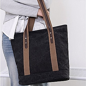 Canvas Tote Bag for Women Casual Top Handle Work Totes Purse Shopping Handbags Shoulder Bag (Black)