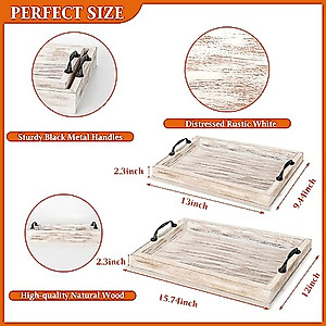 Set of 2 Rustic Farmhouse Wooden Serving Tray with Handles, Nesting White Decorative Trays for Coffee Table Ottoman Kitchen Bed Dining Table Centerpiece Rectangular Tray for Food Fruits Coffee Candles