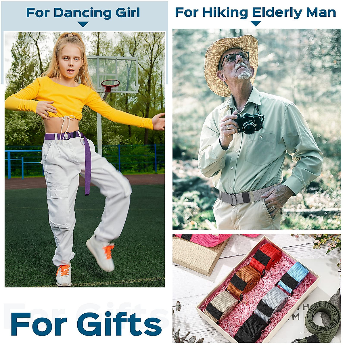 JaGely 20 Pieces Canvas Belt Web D Ring Belt 1 1/2'' Wide Web Fabric Casual Belt with Black Double D Ring for Men Women, 20 Colors