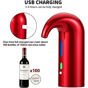 Electric Wine Aerator Pourer, Portable One-Touch Wine Decanter and Wine Dispenser Pump for Red and White Wine Smart Automatic Wine Oxidizer Dispenser USB Rechargeable Spout Pourer (Red)