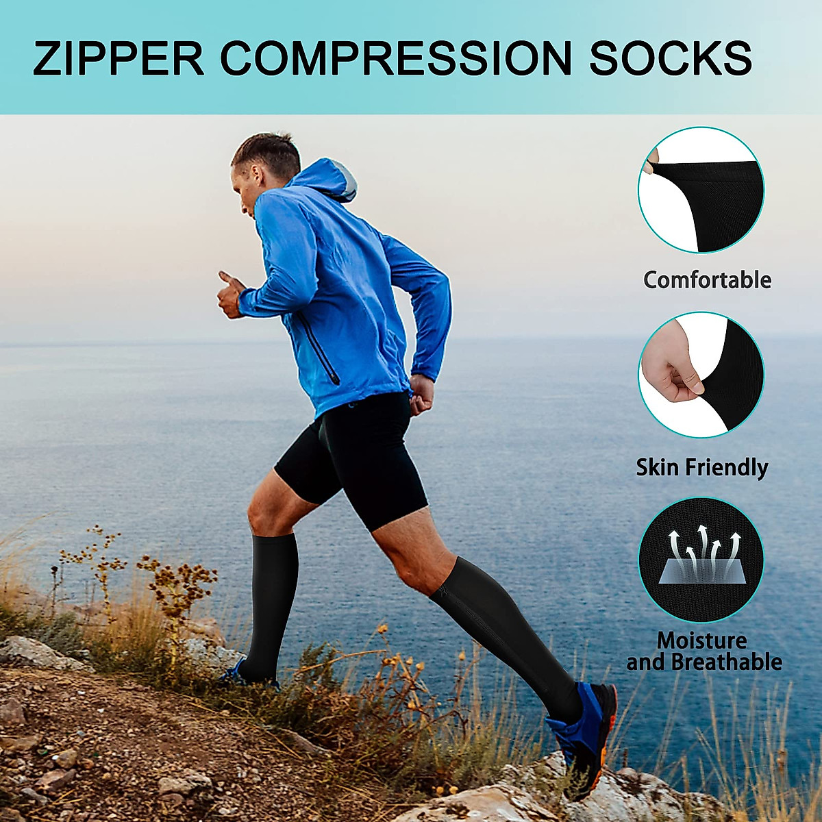 2 Pairs Zipper Compression Socks, 15-20 mmHg Closed Toe Compression Stocking with Zipper for Women and Men