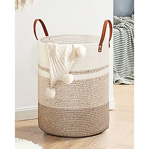 MOXTOYU Laundry Basket, Jute Dirty Laundry Hamper with Leather Handles, Woven Laundry Basket for Pillows, Blankets, Toys, Decorative Basket for Living Room, Bathroom, Bedroom - 72L Brown & White