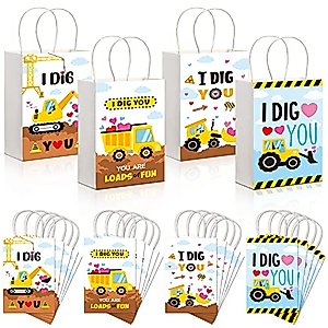24 Pcs Valentine Treat Bags for Kids, I Dig You Construction Party Bags Valentines Day Gift Bags Construction Party Favors Truck Themed Valentines Paper Bags with Handle Construction Party Decorations