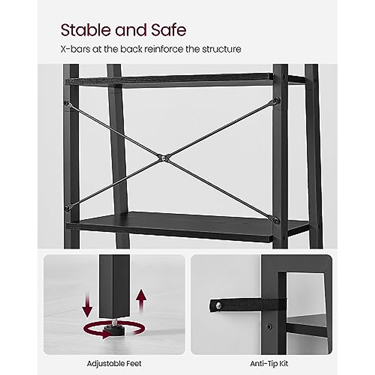 VASAGLE Ladder Shelf, 5-Tier Bookshelf, Storage Rack, Bookcase with Steel Frame, for Living Room Home Office, Kitchen, Bedroom, Industrial Style, Ebony Black + Black