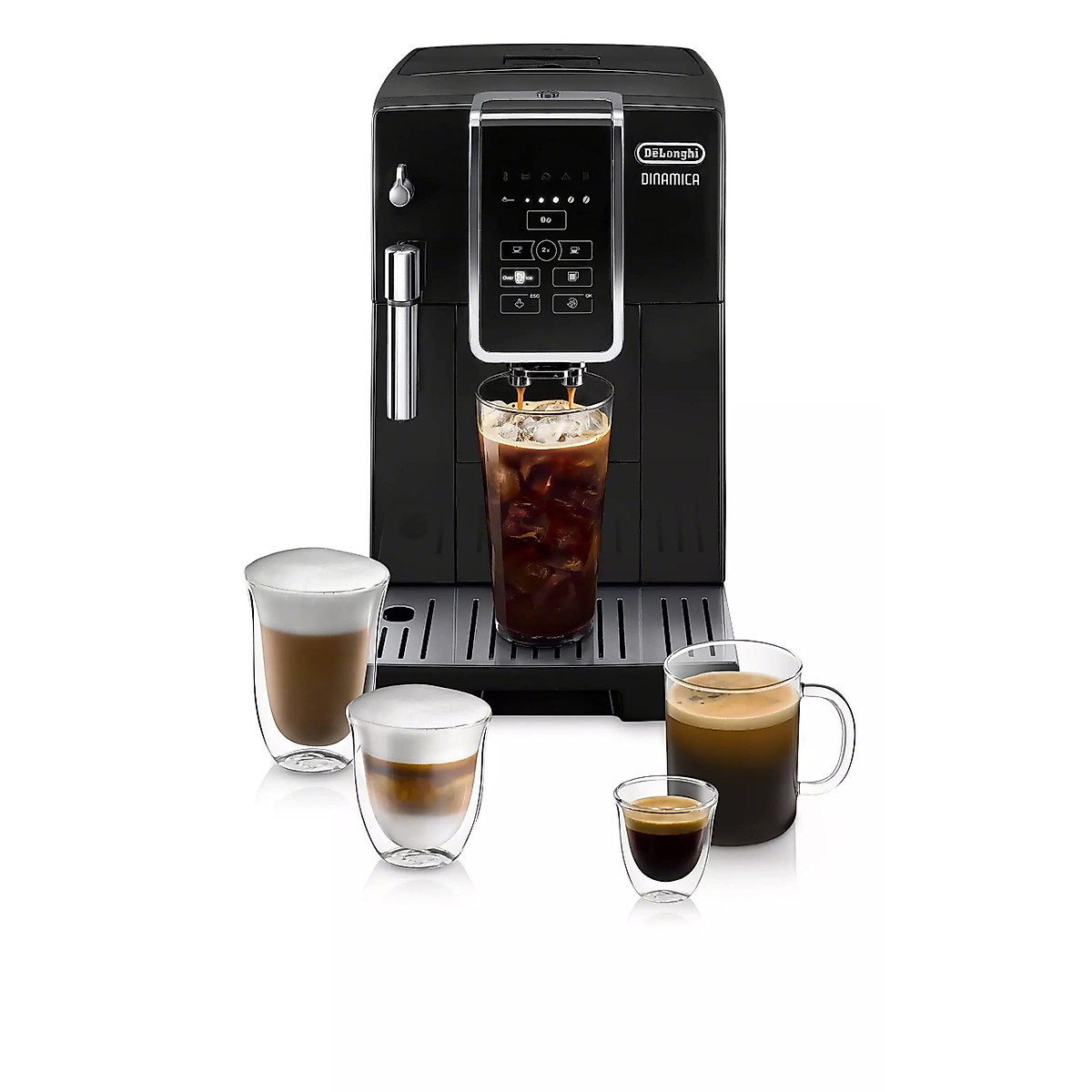 De'Longhi ECAM35020B Dinamica Automatic Coffee & Espresso Machine TrueBrew (Iced-Coffee), Black & DeLonghi Double Walled Thermo Espresso Glasses, Set of 2, Regular, Clear