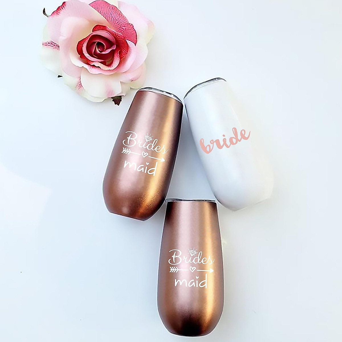 Bride to Be Champagne Flute | 6 oz Bride Tribe Stainless Steel Wine Tumblers | Engagement Wedding Gifts Bridesmaids Mugs Bachelorette Party Supplies & Games | Insulated Skinny Rose Gold Cups