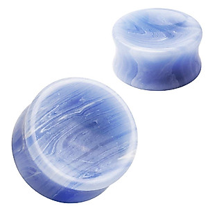 Pierced Owl Blue Lace Agate Concave Stone Double Flared Saddle Plug Gauges, Sold as a Pair (16mm (5/8"))