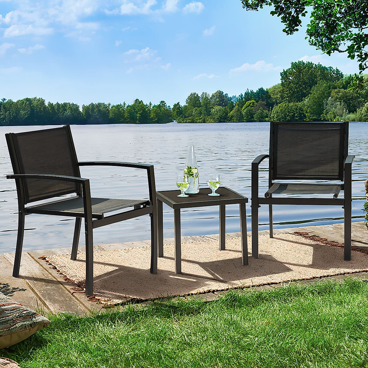 Greesum 3 Pieces Patio Furniture Outdoor Bistro Set Textilene Fabric Chairs for Lawn, Garden, Balcony, Poolside with A Glass Coffee Table, Black