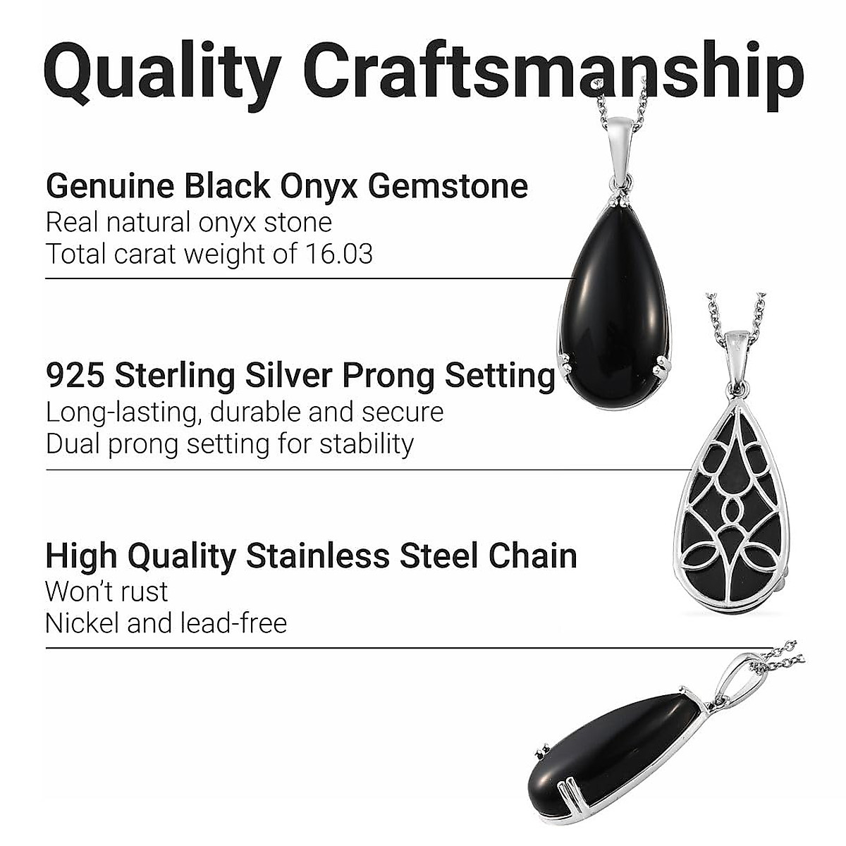 Shop LC Onyx Necklace in 925 Sterling Silver - Black Teardrop Pendant Necklaces for Women - Handmade Silver Boho Pendant - December Birthstone Necklace with Stainless Steel Chain - 20" Necklace